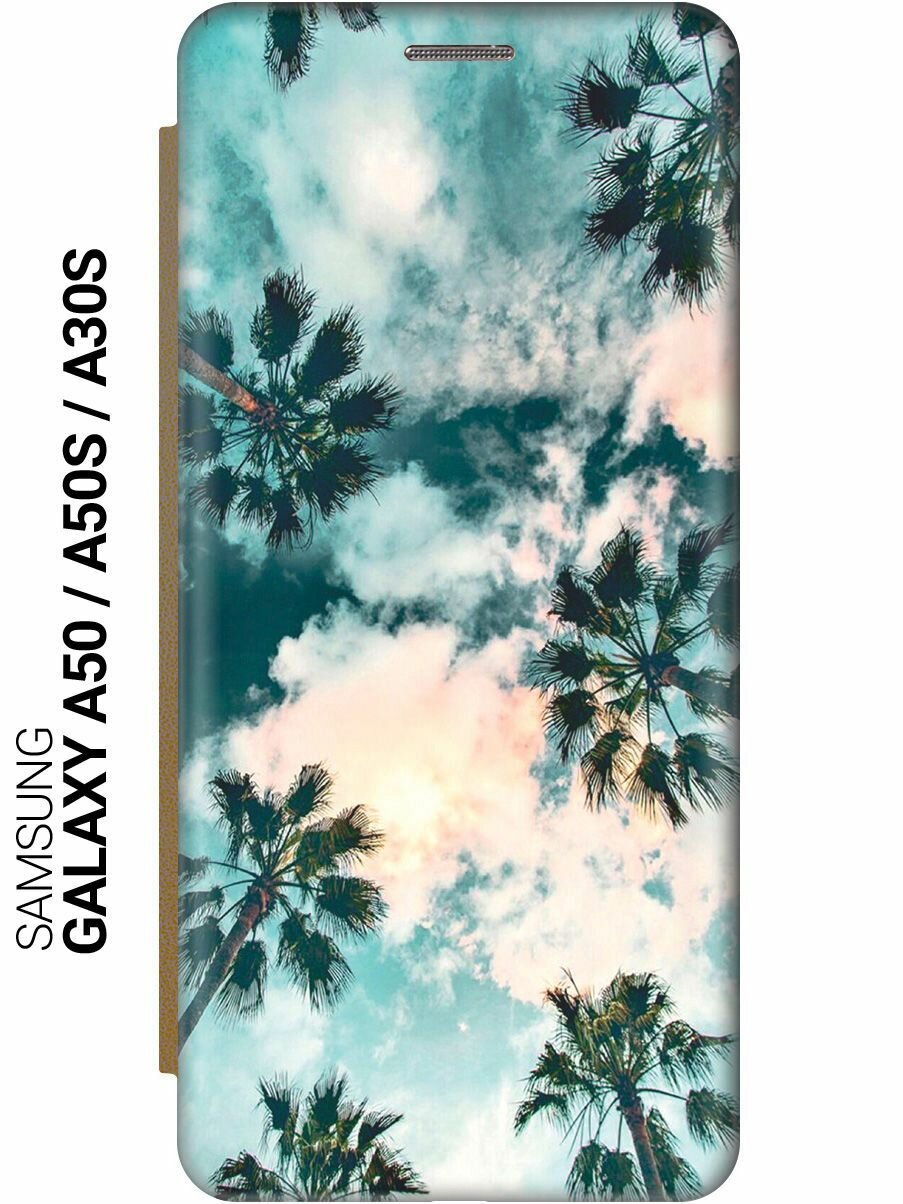 Чехол-книжка на Samsung Galaxy A50, A50s, A30s, Самсунг А50, А30с, А50с c принтом "Отдых под пальмами" золотистый
