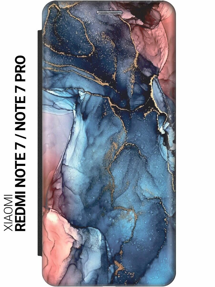 Чехол-книжка на Xiaomi Redmi Note 7, Note 7 Pro, Сяоми Редми Ноут 7, Ноут 7 Про c принтом "Сине-розовый мрамор" черный
