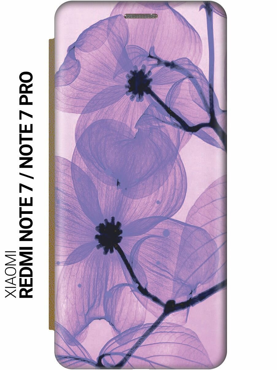 Чехол-книжка на Xiaomi Redmi Note 7, Note 7 Pro, Сяоми Редми Ноут 7, Ноут 7 Про c принтом "Цветы в сиреневом" золотистый