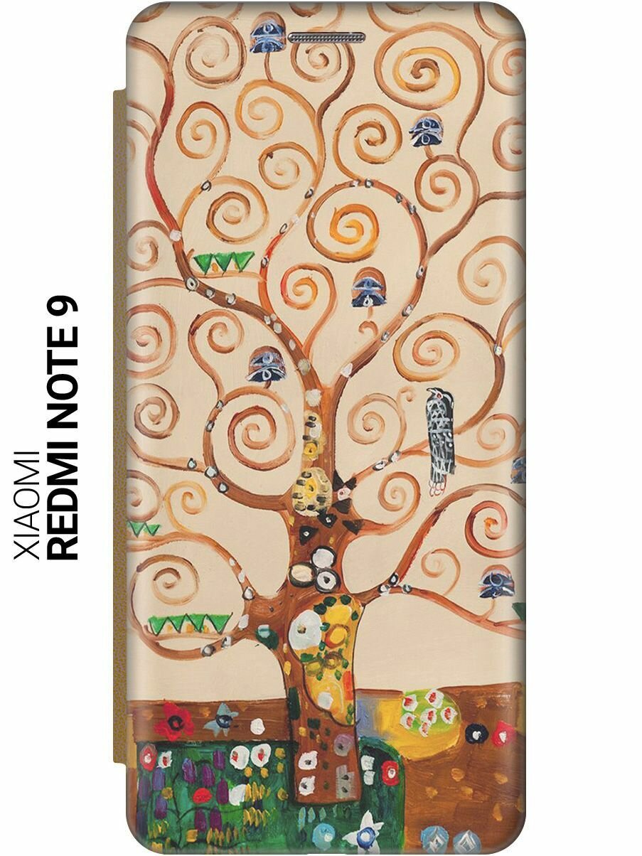 Чехол-книжка на Xiaomi Redmi Note 9, Сяоми Редми Ноут 9 c принтом "Климт" золотистый