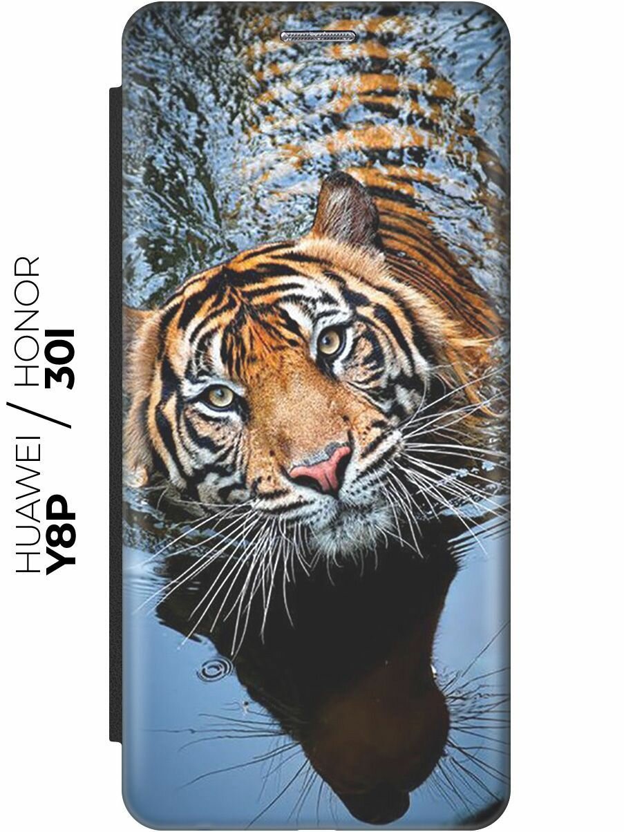 Чехол-книжка Тигр купается на Honor 30i / Huawei Y8P / Хуавей У8Р / Хонор 30ай черный