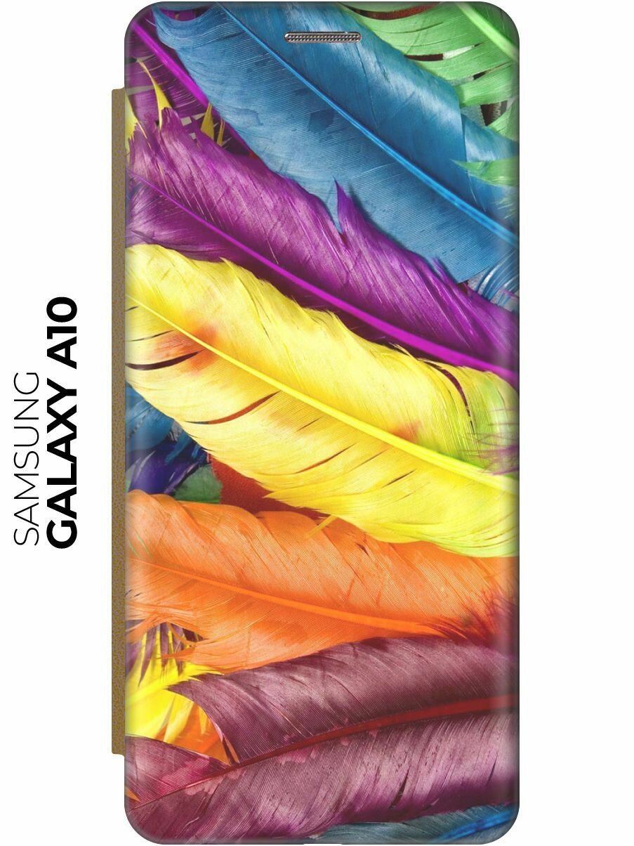 Чехол-книжка Разноцветные перья на Samsung Galaxy A10 / Самсунг А10 золотой