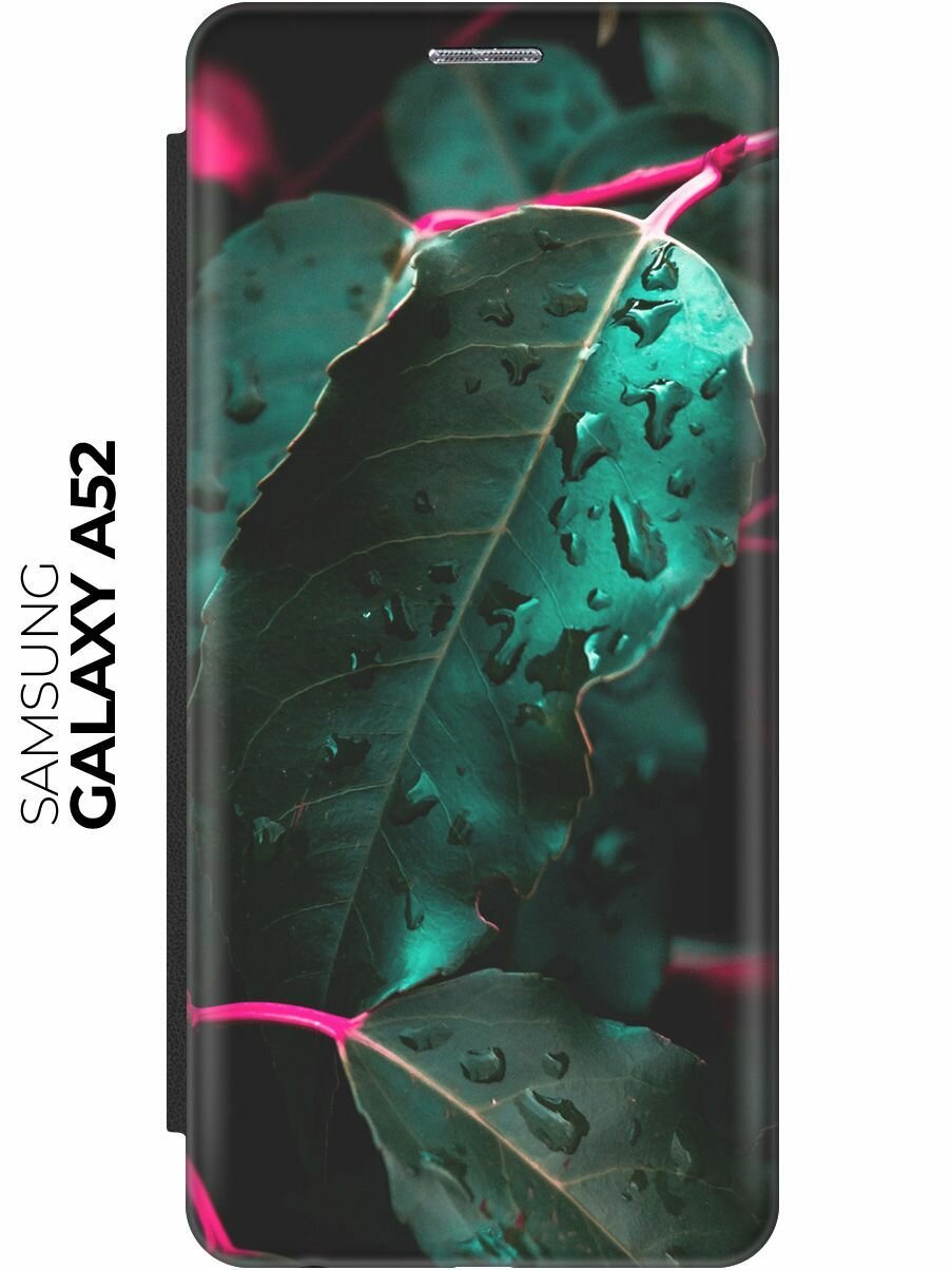 Чехол-книжка Капли на листьях на Samsung Galaxy A52 / Самсунг А52 черный
