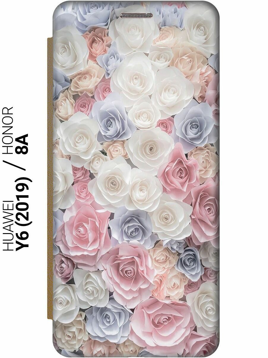 Чехол-книжка на Honor 8A, 8A Pro, Huawei Y6 (2019), Y6 Prime (2019), Хуавей Хонор 8а c принтом "Пастельные розы" золотистый