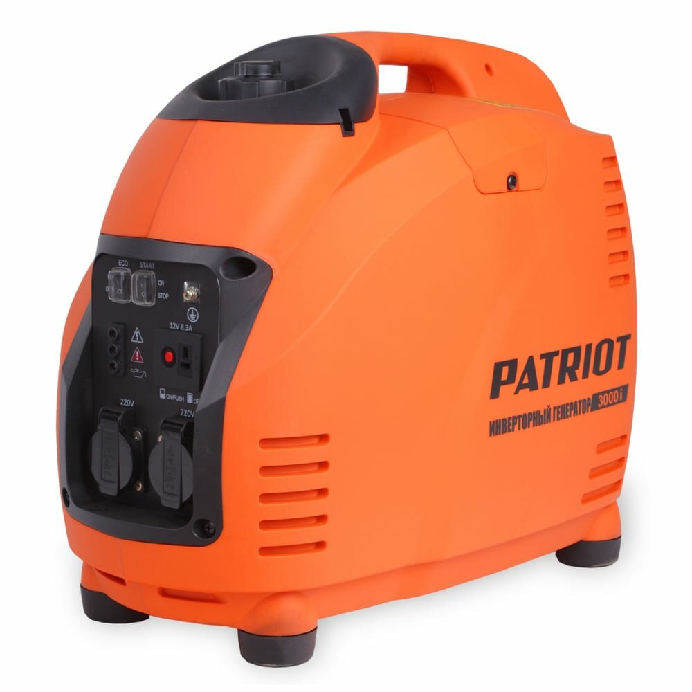 Инверторный генератор PATRIOT 3000i с мощностью 3.5 кВт, экономичным расходом топлива 1.5 литра в час и низким уровнем шума 63 дБ