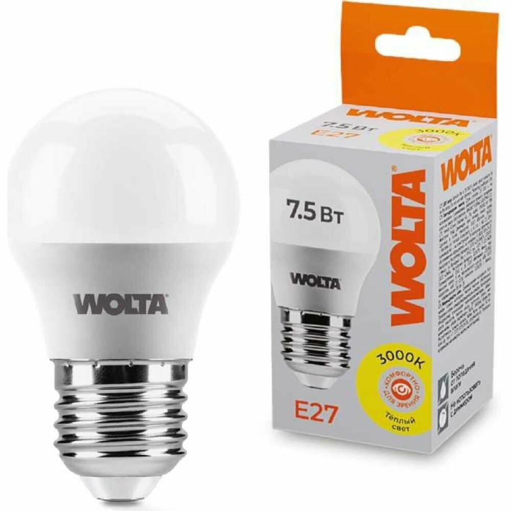 Светодиодная лампа Wolta Led7.5Вт шар, G45, 3000K Теплый белый свет, E27, GL 25Y45GL7.5E27