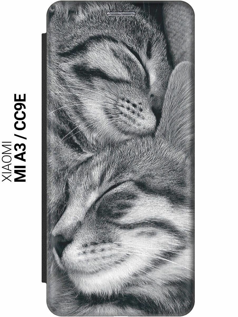 Чехол-книжка на Xiaomi Mi A3, CC9e, Сяоми Ми А3, Ми СС9е c принтом "Милующиеся котики" черный