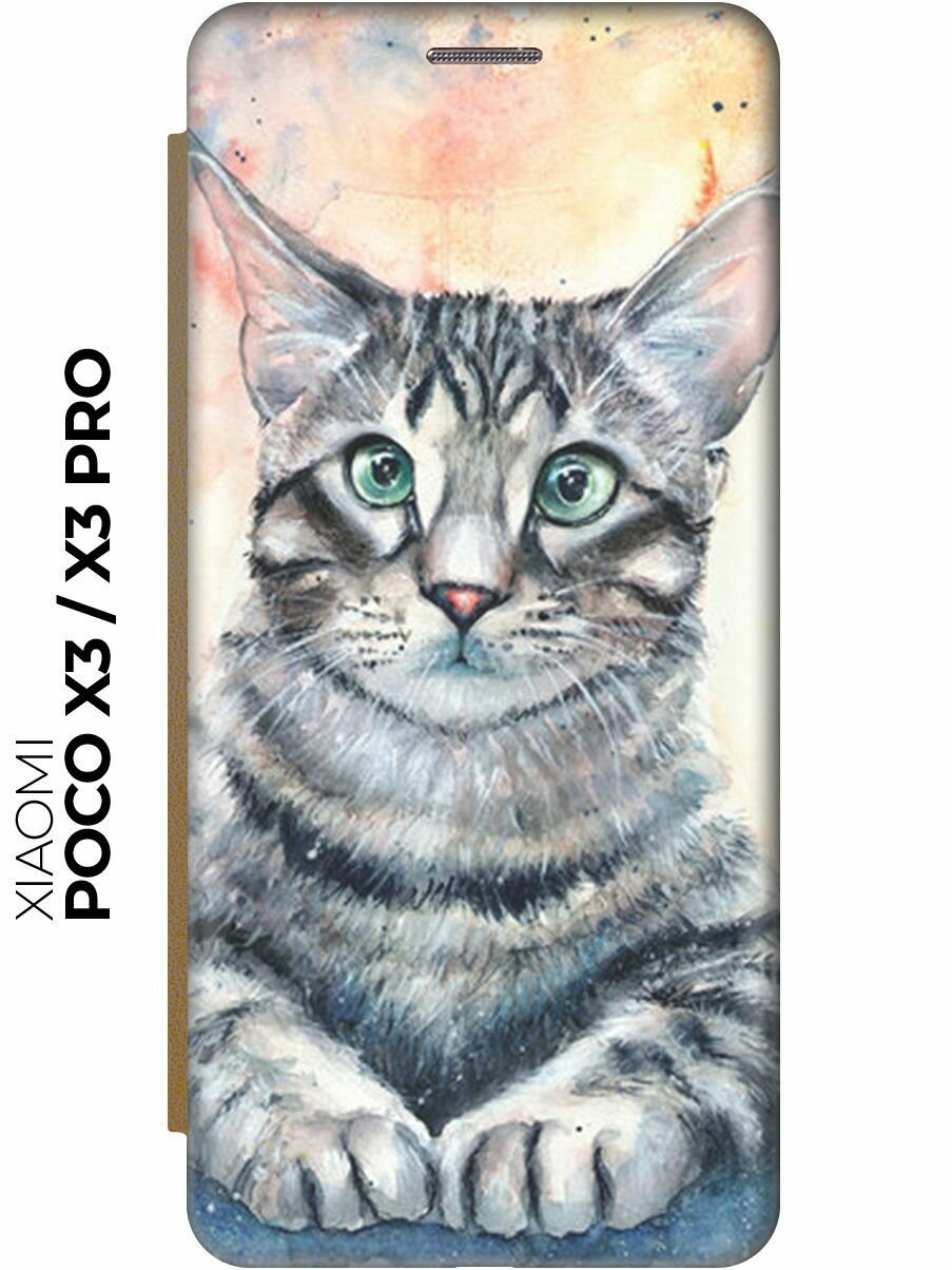 Чехол-книжка Ушастый котик на Xiaomi Poco X3 / X3 Pro / Сяоми Поко Х3 / Х3 Про золотой