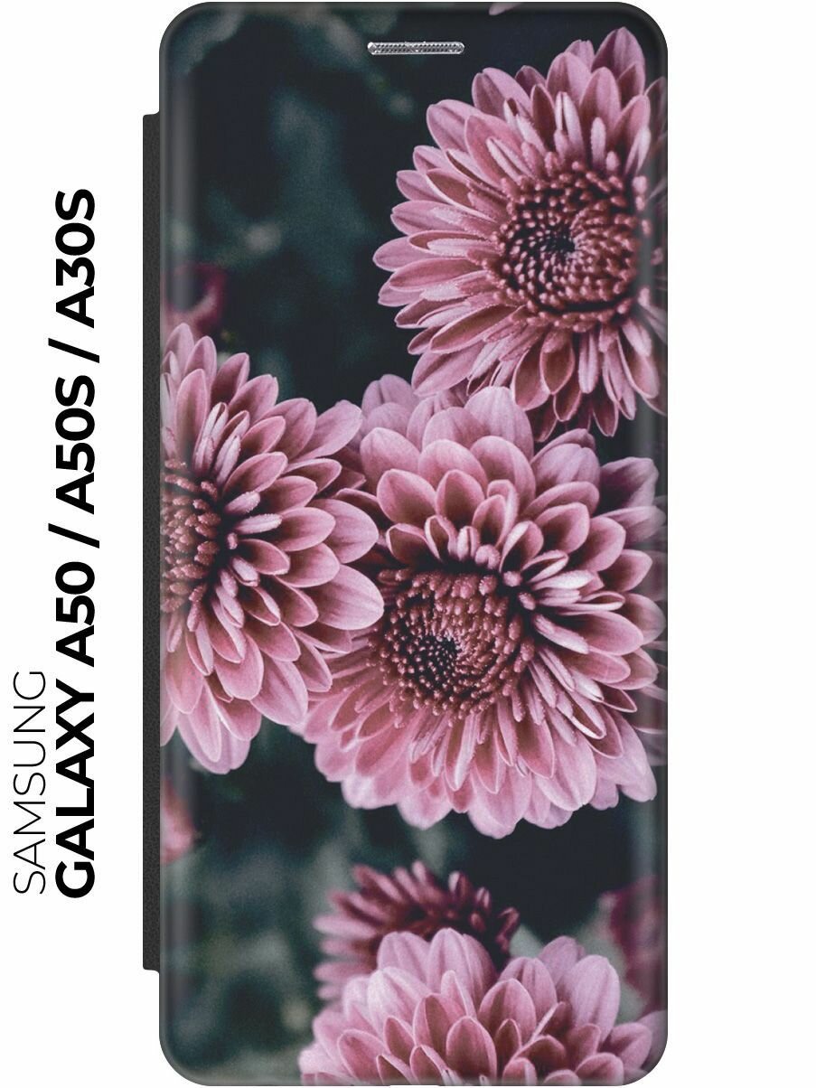 Чехол-книжка Нежные розовые астры на Samsung Galaxy A50 / A50s / A30s / Самсунг А50 / А30с / А50с черный
