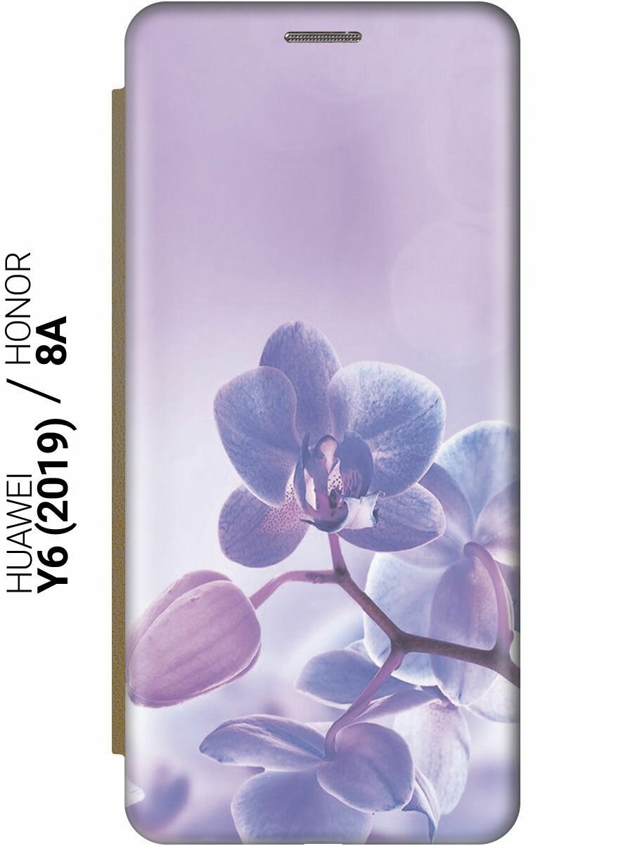 Чехол-книжка на Honor 8A, 8A Pro, Huawei Y6 (2019), Y6 Prime (2019), Хуавей Хонор 8а c принтом "Лиловые орхидеи" золотистый