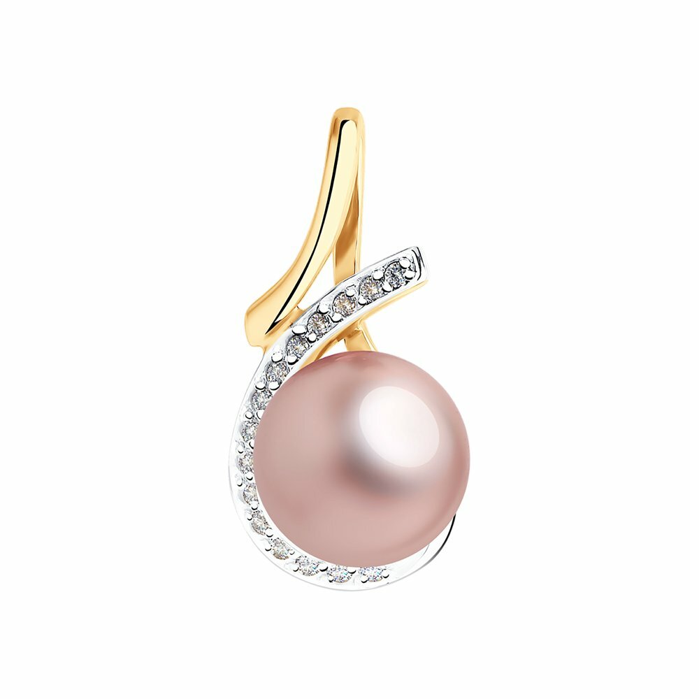 Подвеска, красное золото, 585 проба, жемчуг пресноводный культивированный, фианит