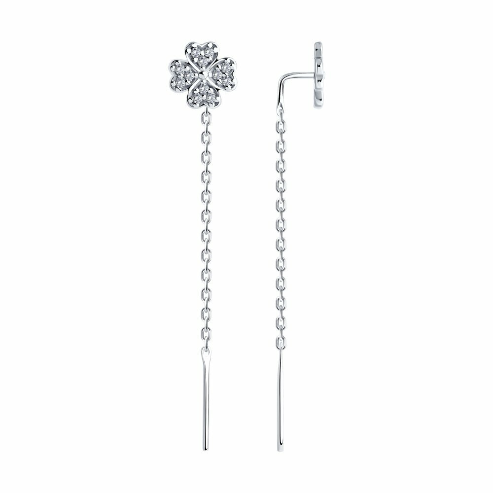 Серьги цепочки, серебро, 925 проба, родирование, фианит