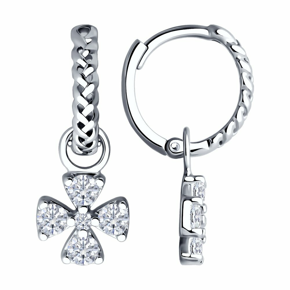 Серьги с подвесками, серебро, 925 проба, родирование, фианит