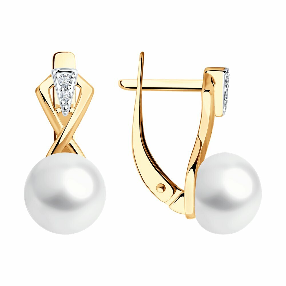 Серьги, красное золото, 585 проба, жемчуг пресноводный культивированный, фианит