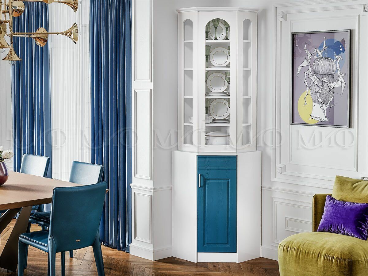 Буфет Констанция угловой Белый матовый / Джинс 58х58х227