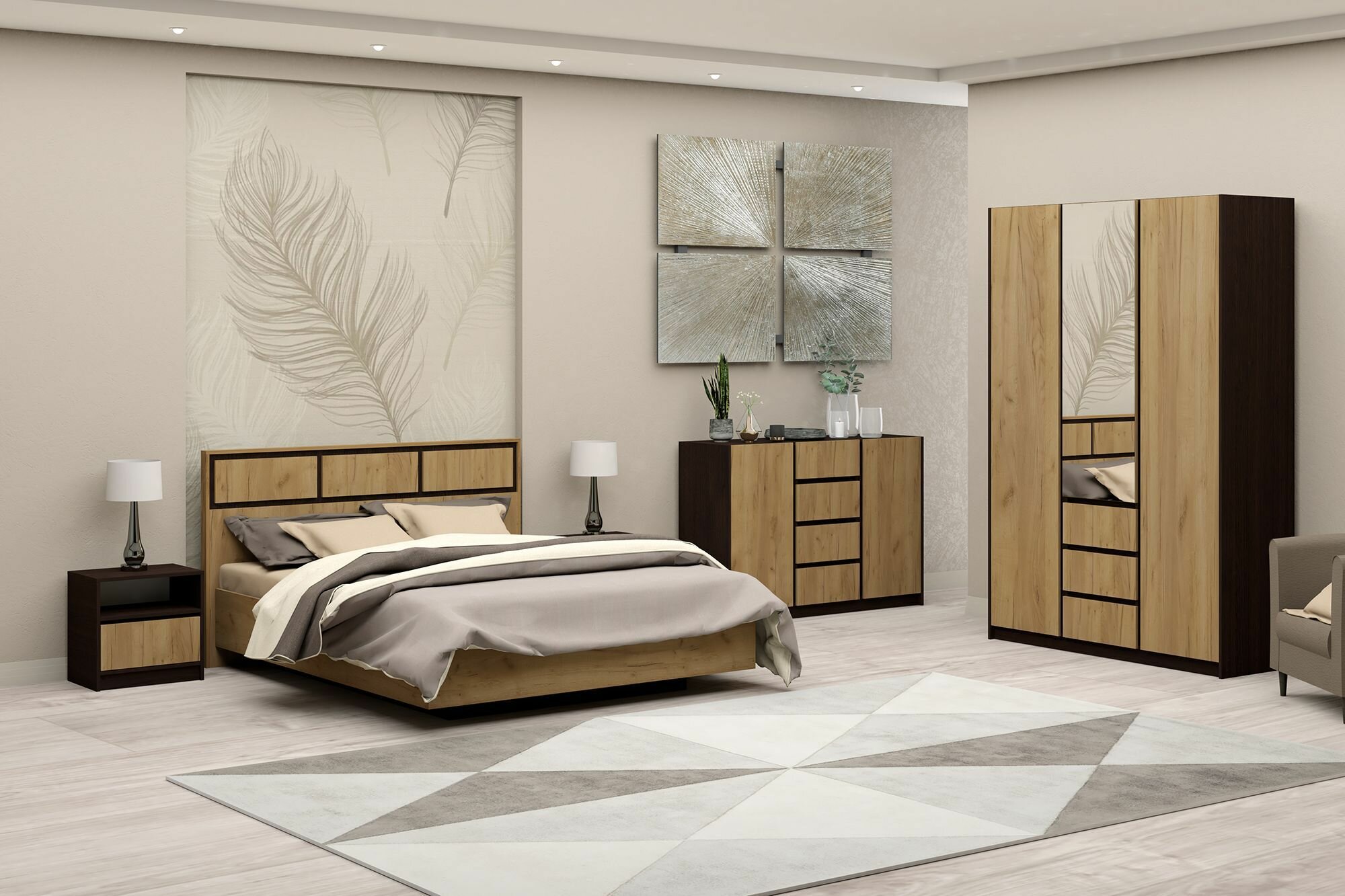 Комплект мебели для спальни "Флоренция" Композиция №1 Дуб венге/Дуб крафт золотой