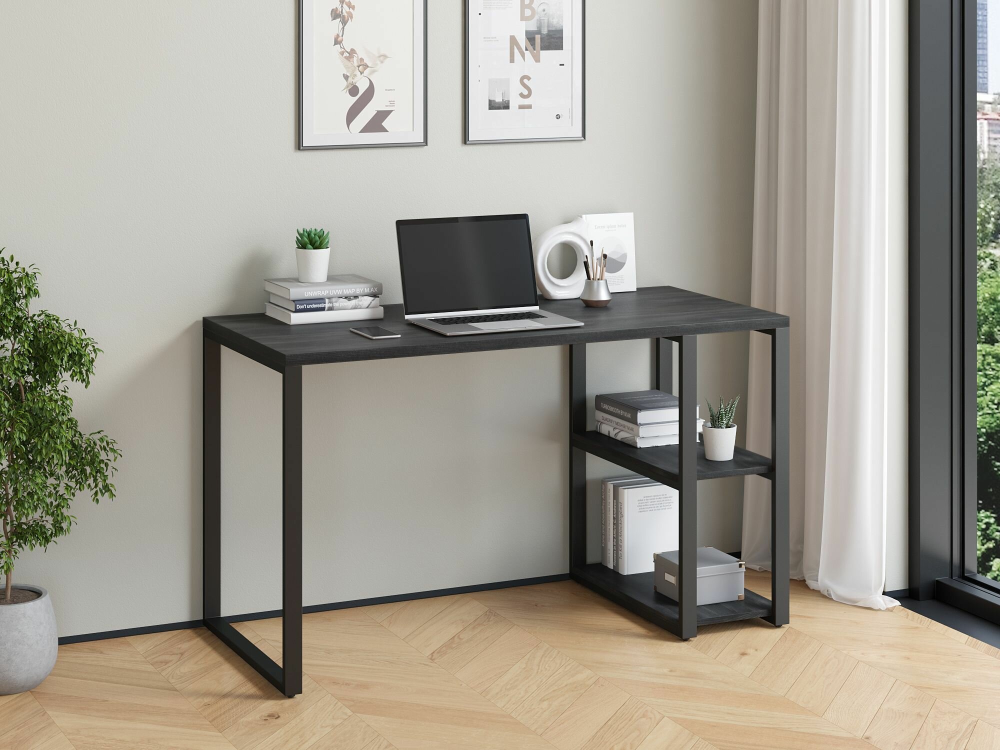 Стол учебный Айсберг Лофт 01 Черный с полками северное дерево темное