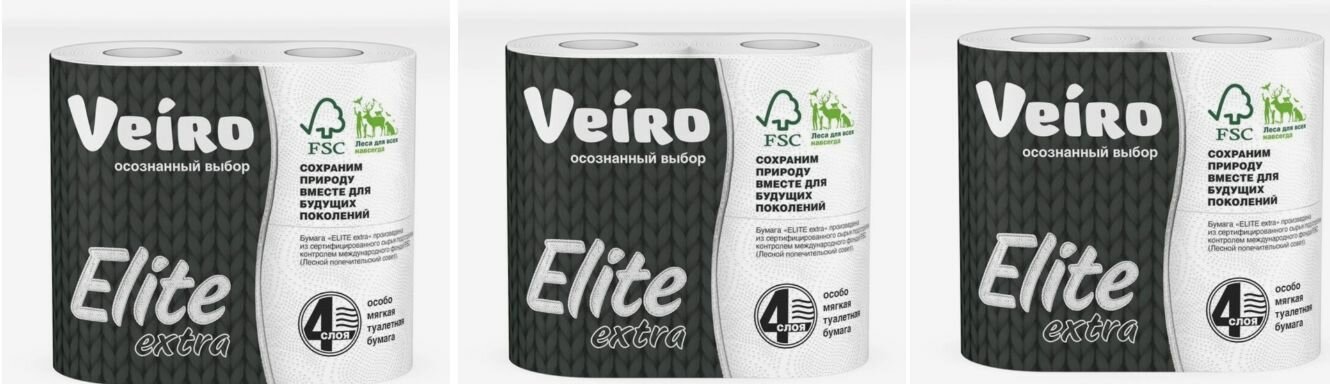 Veiro Туалетная бумага Elite Extra, 4 слоя, 4 рулона - 3 уп