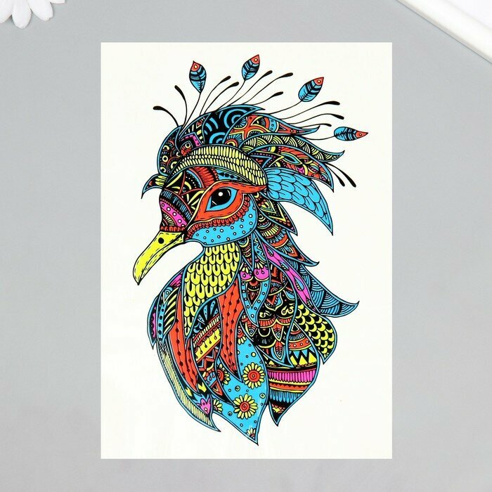 Переводная тату на тело цветная Птица в узорах, неон, 26×14.5 см