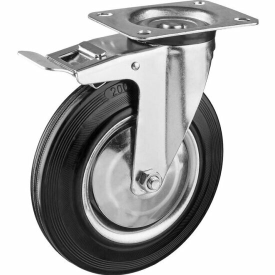 Колесо поворотное с тормозом Зубр d=200 мм, г/п 185 кг, резина/металл, игольчатый подшипник, Профессионал 30936-200-B