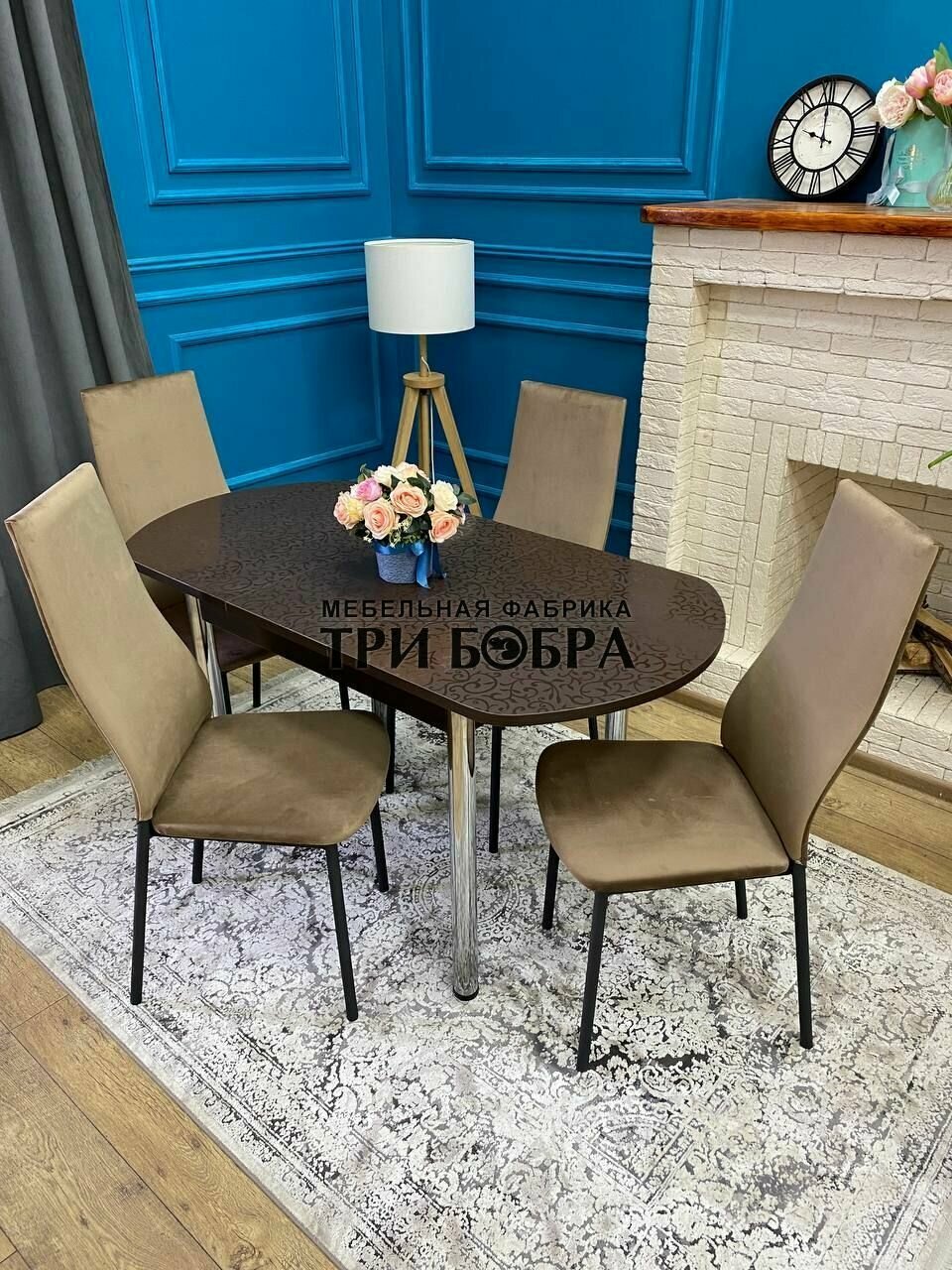 Стол кухонный, стулья для кухни комплект 4 шт, ТРИ бобра, Шоколадная лоза, раздвижной, 110х70х75 см