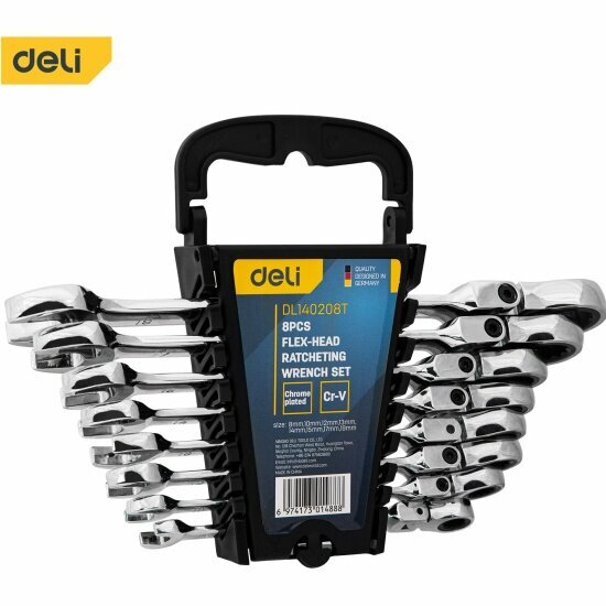 Набор комбинированных шарнирных ключей с трещоткой Deli Tools DL140208T 8 шт