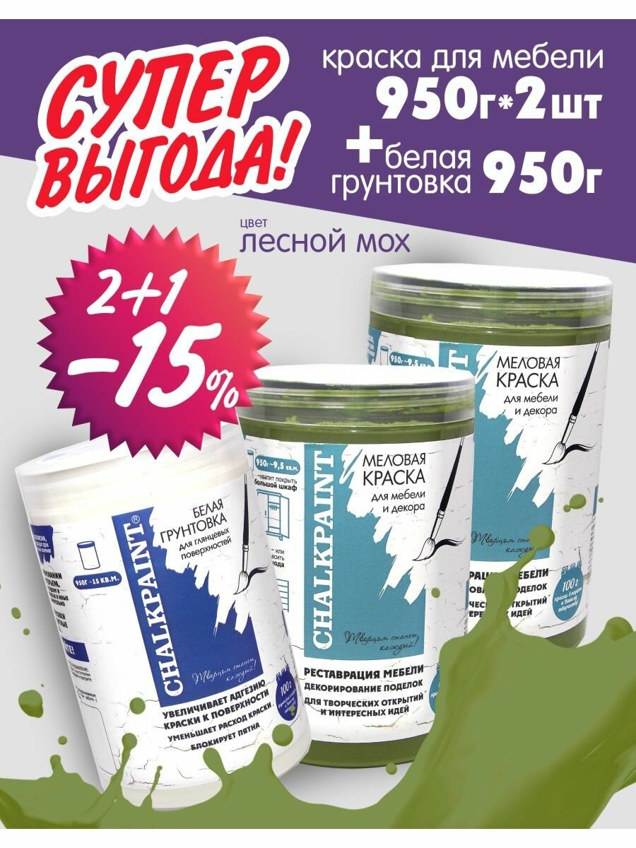 Краска меловая для мебели Chalky Paint, лесной мох 950 г, 2 шт + грунт 950 г