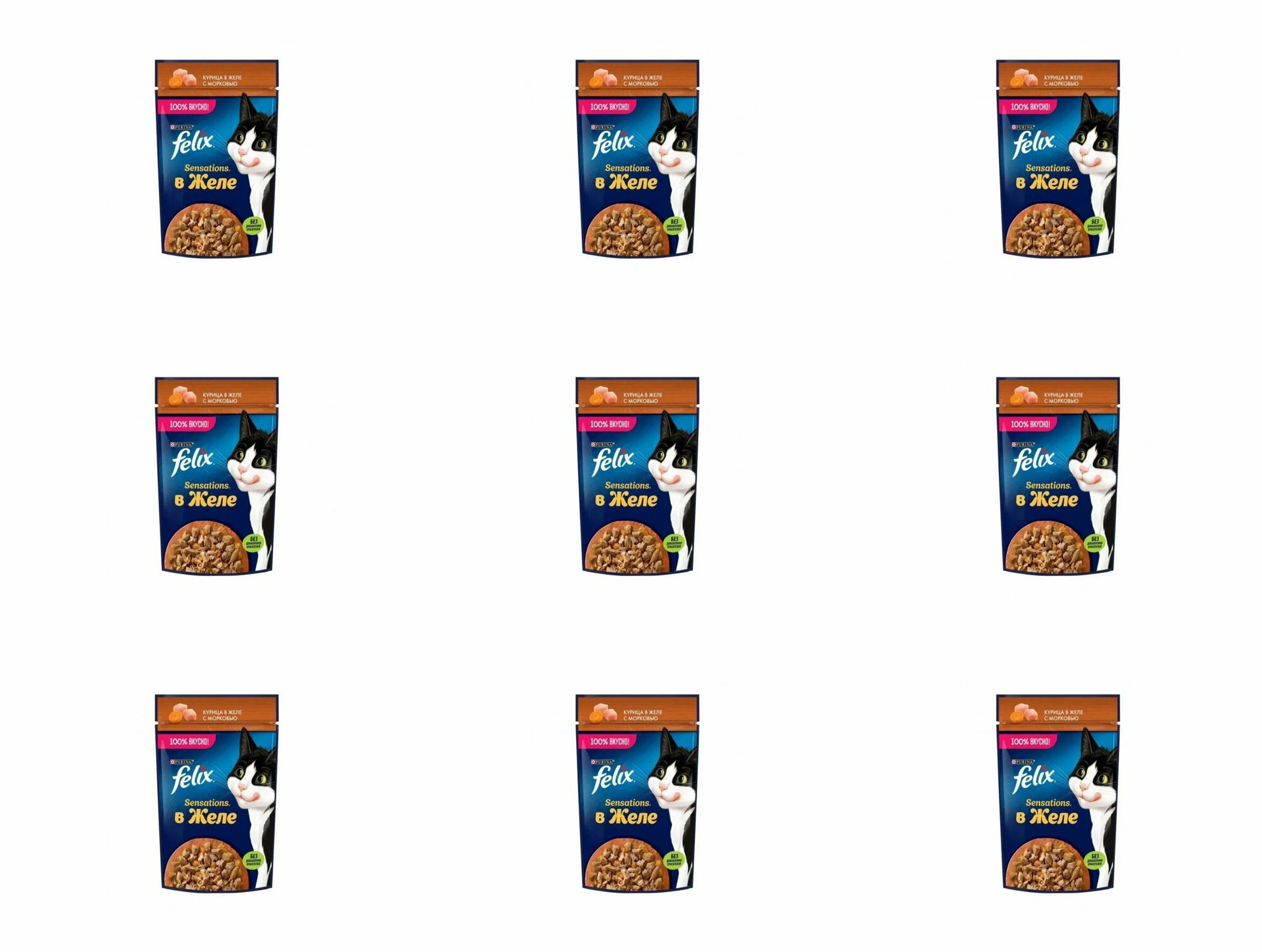 Felix влажный корм для кошек, Sensations, с курицей в желе с морковью, 75 г, 9 шт