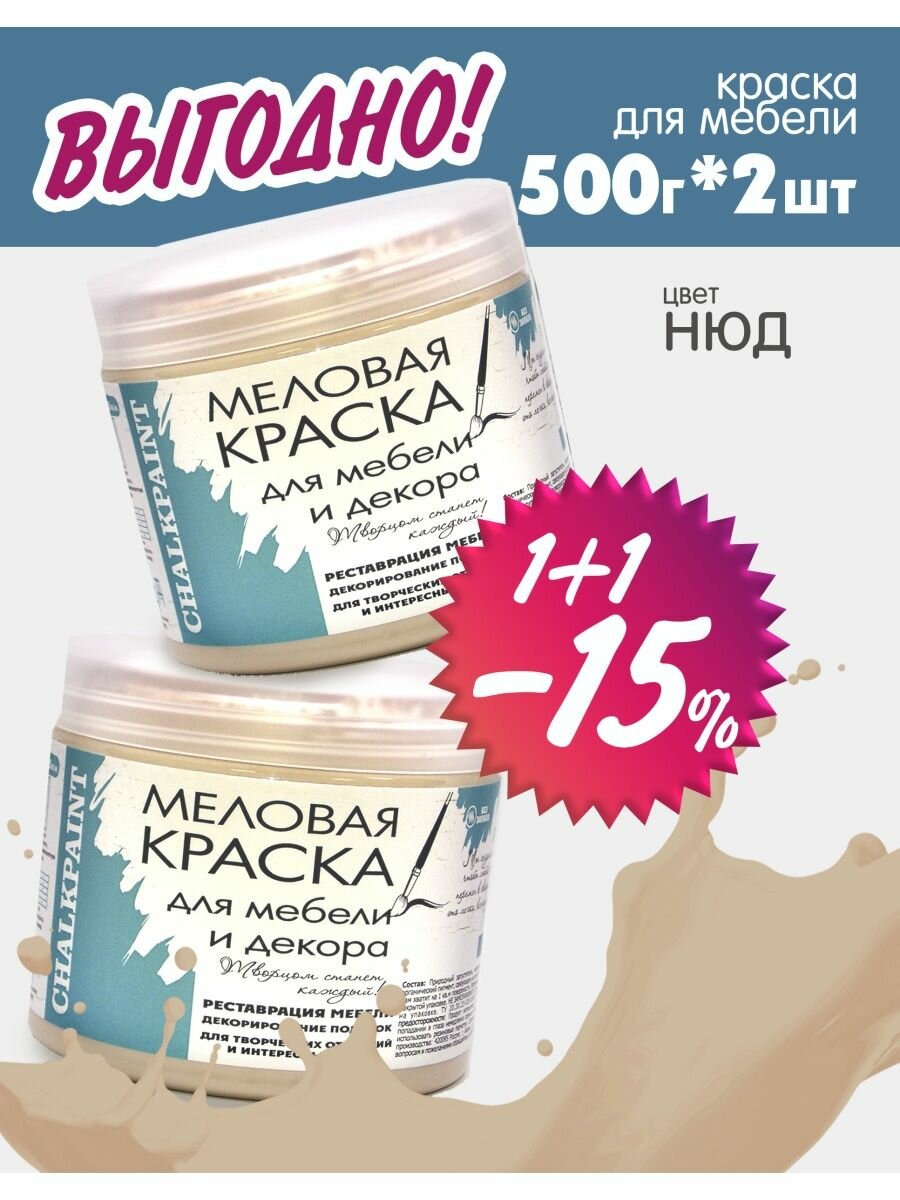 Краска меловая для мебели и декора Chalky Paint, нюд, 500 г, 2 шт
