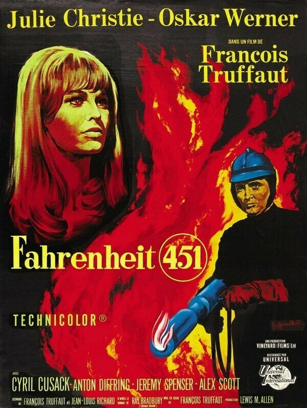 Плакат, постер 451 градус по Фаренгейту (Fahrenheit 451), Франсуа Трюффо на бумаге, размер 42х60см