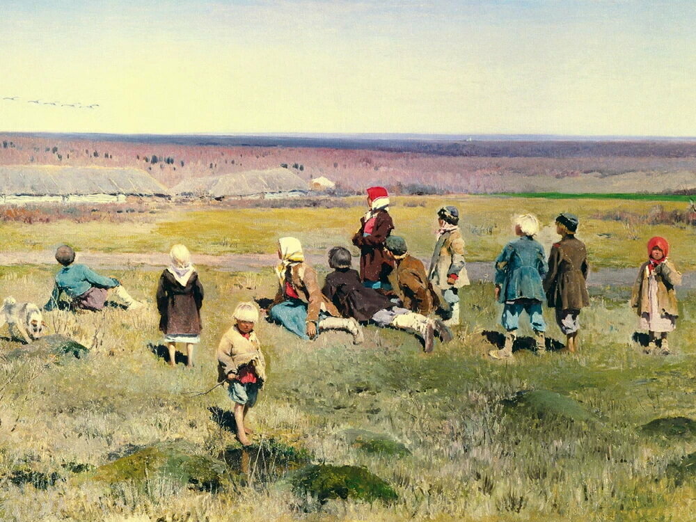 Плакат, постер Степанов Алексей Степанович-Журавли летят на бумаге, размер 21х30см