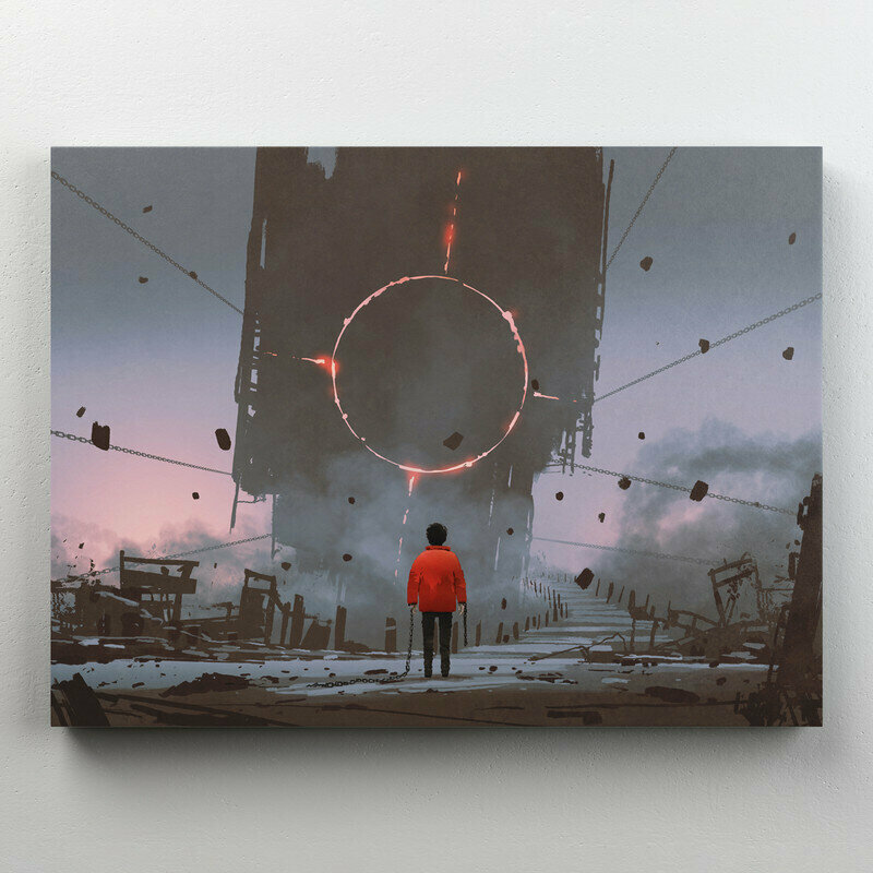 Интерьерная картина на холсте "Мальчик в красной куртке с цепью в руке" размер 30x22 см