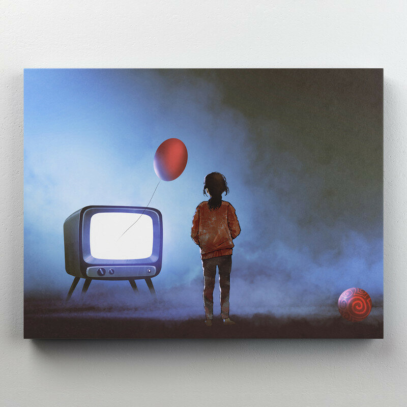 Интерьерная картина на холсте "Маленькая девочка смотрит на светящийся телевизор" размер 40x30 см