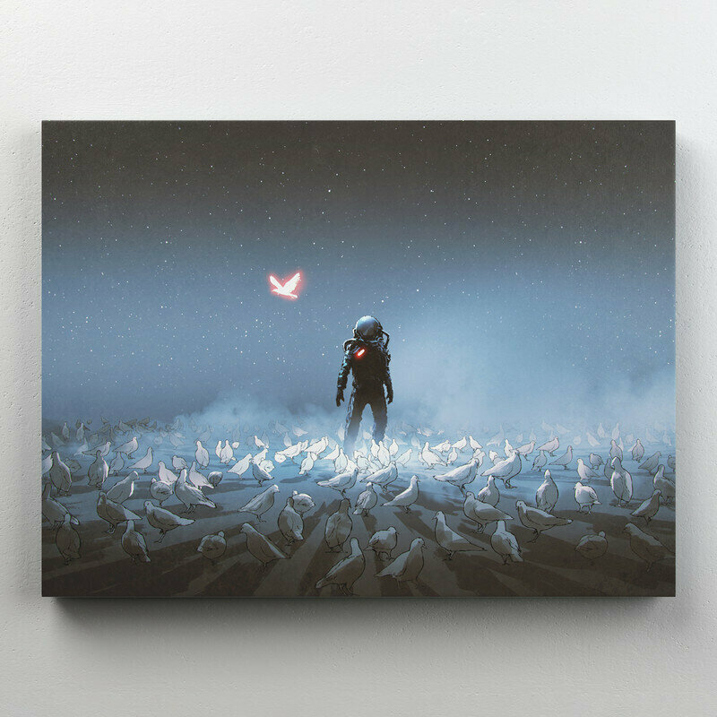 Интерьерная картина на холсте "Космонавт и голуби" размер 30x22 см