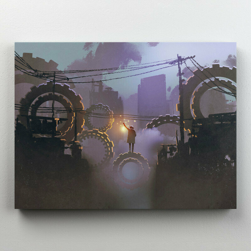 Интерьерная картина на холсте "Мужчина с фонарём в городе из шестерёнок" размер 30x22 см