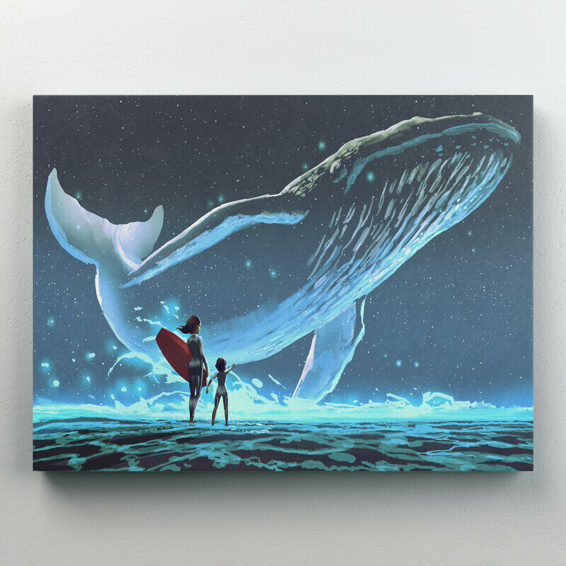 Интерьерная картина на холсте "Мама с ребенком наблюдают за огромным звездным китом на небе" размер 60x45 см
