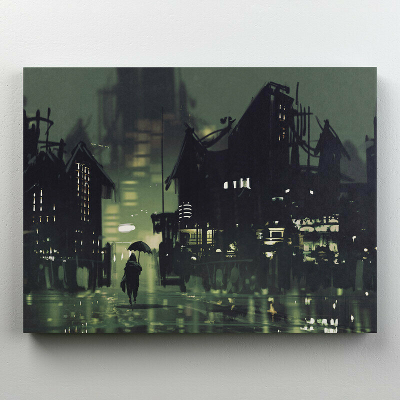 Интерьерная картина на холсте "Иллюстрация - одинокий человек ночью в старом городе" размер 60x45 см