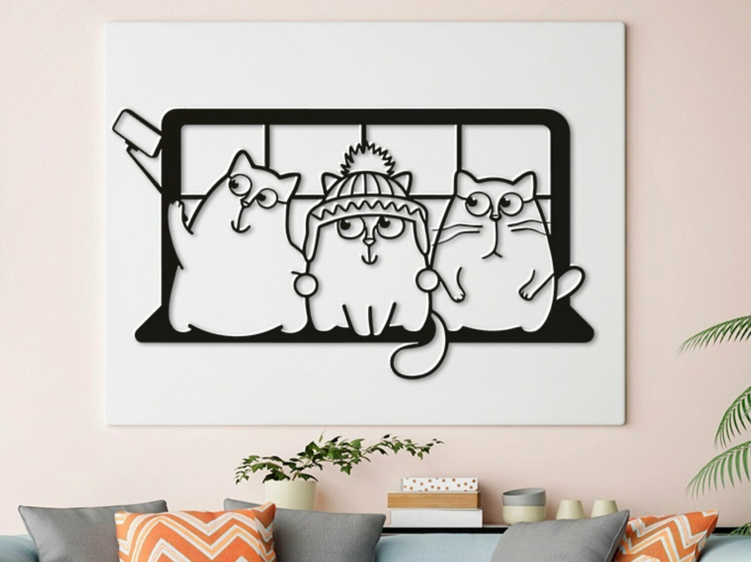 Панно Три кота 27х50 см, из дерева, без рамы, цвет черный, 1 шт