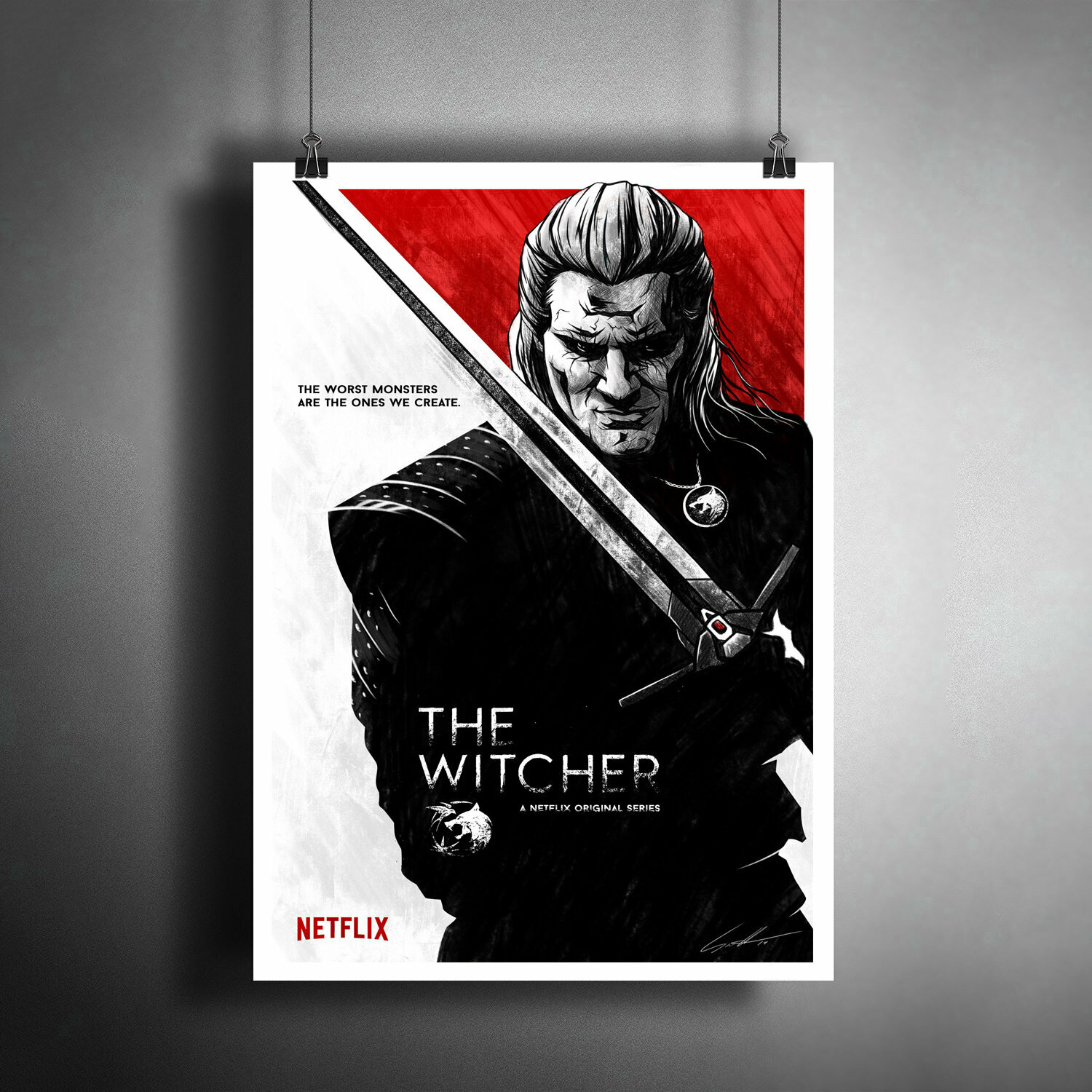 Постер плакат для интерьера "Сериал, игра: Ведьмак. The Witcher. Геральт из Ривии. Актёр Генри Кавилл" / A3 (297 x 420 мм)