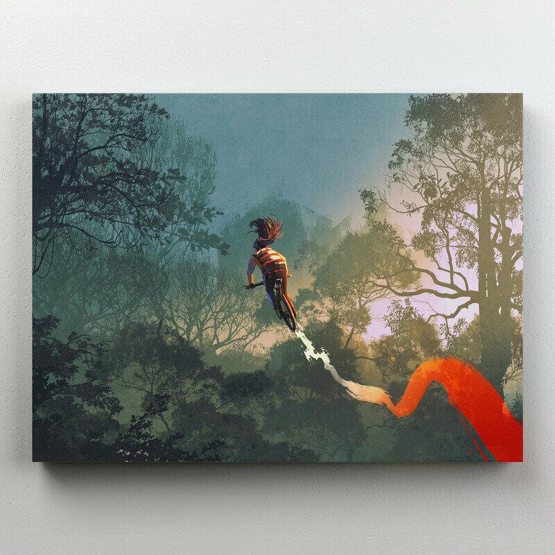 Интерьерная картина на холсте "Девочка летает на велосипеде" размер 30x22 см