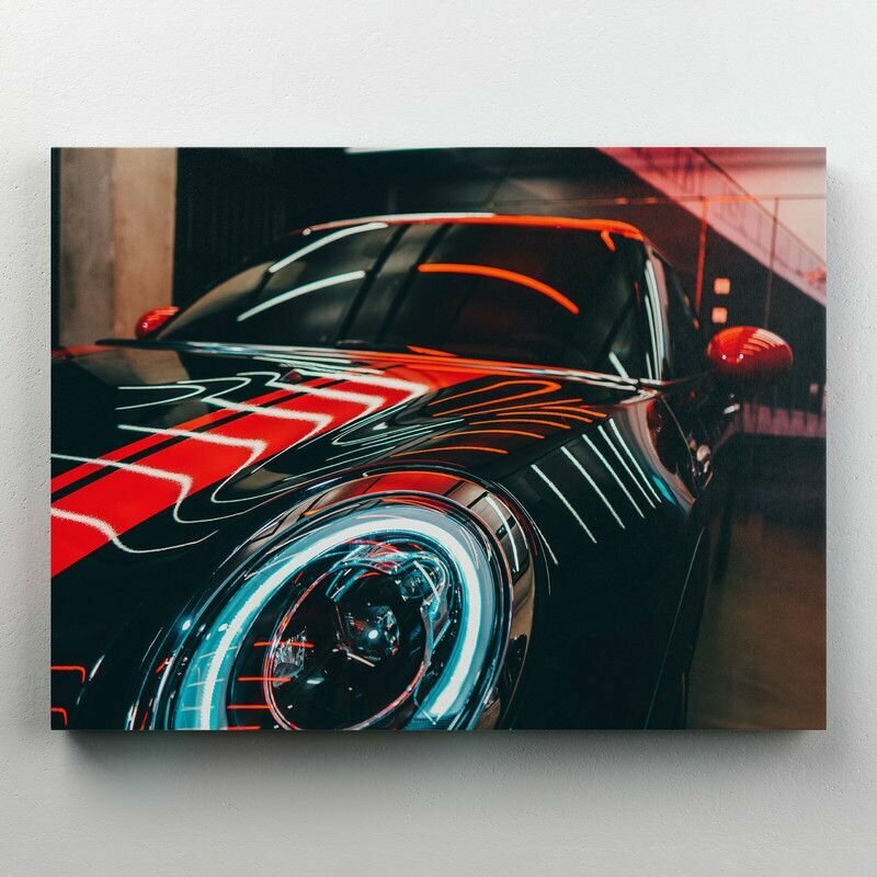 Интерьерная картина на холсте "Черный Мини Купер - Автомобиль в лучах неона" размер 60x45 см