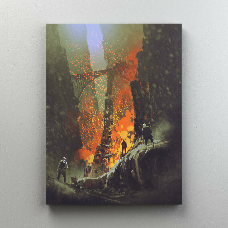 Интерьерная картина на холсте "Сцена сошедших с рельсов вагонов поезда в каменной долине" размер 22x30 см