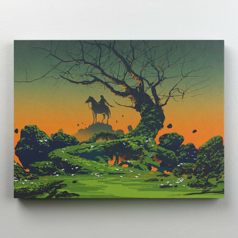 Интерьерная картина на холсте "Рыцарь на лошади на фоне оранжевого заката" размер 40x30 см