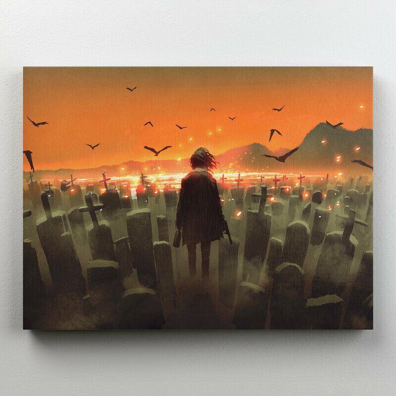 Интерьерная картина на холсте "Человек с пистолетом и бутылкой под дождем" размер 30x22 см