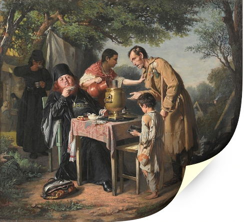 "Чаепитие в Мытищах близ Москвы", Перов Василий Григорьевич, картина (репродукция) (40х37 см / без подрамника)