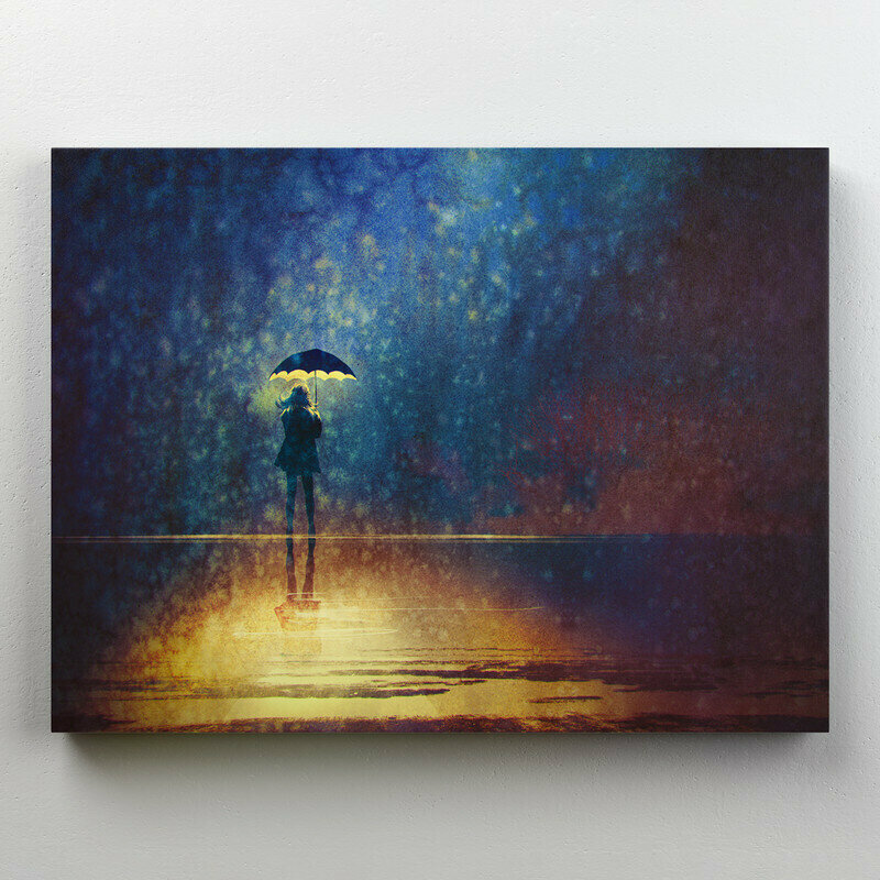 Интерьерная картина на холсте "Арт - человек с зонтиком под волшебным дождем" размер 60x45 см