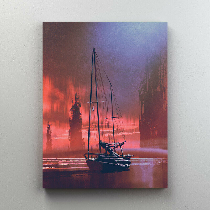 Интерьерная картина на холсте "Парусная лодка на пляже напротив заброшенных зданий в море на закате" размер 45x60 см