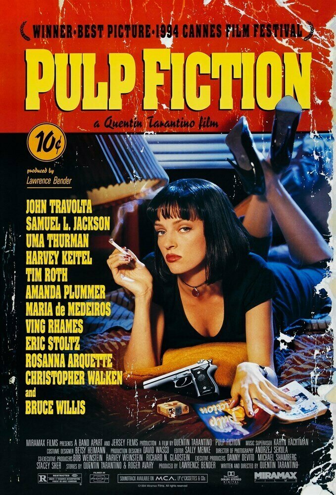 Плакат, постер Криминальное чтиво (Pulp Fiction), Квентин Тарантино на холсте, размер 21х30см
