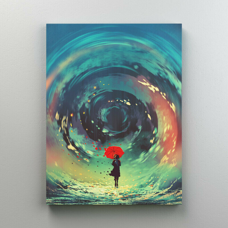 Интерьерная картина на холсте "Девушка с зонтом на фоне цунами" размер 22x30 см