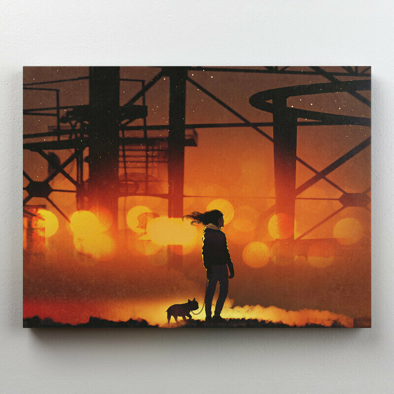 Интерьерная картина на холсте "Девушка гуляет с собакой на закате" размер 30x22 см